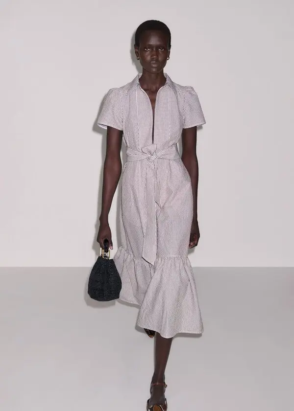 ME+EM Cotton Seersucker Stripe Fit And Flare Midi Dress - Soft White/brown