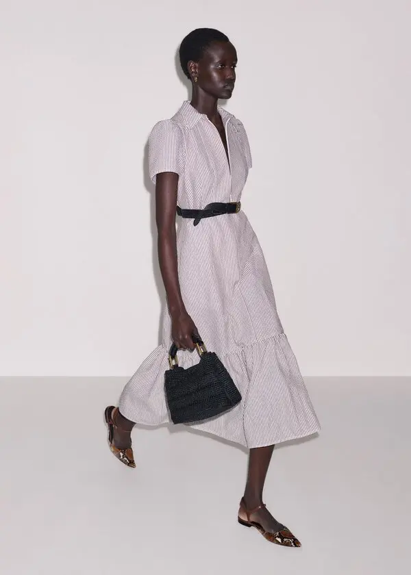ME+EM Cotton Seersucker Stripe Fit And Flare Midi Dress - Soft White/brown