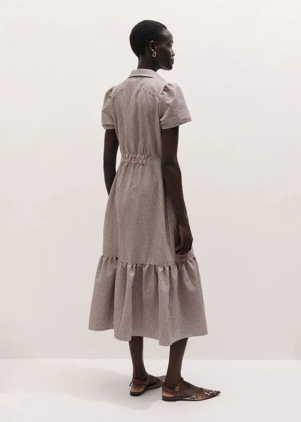 ME+EM Cotton Seersucker Stripe Fit And Flare Midi Dress - Soft White/brown