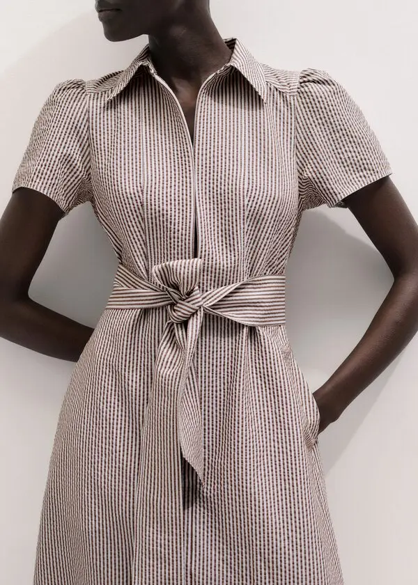 ME+EM Cotton Seersucker Stripe Fit And Flare Midi Dress - Soft White/brown