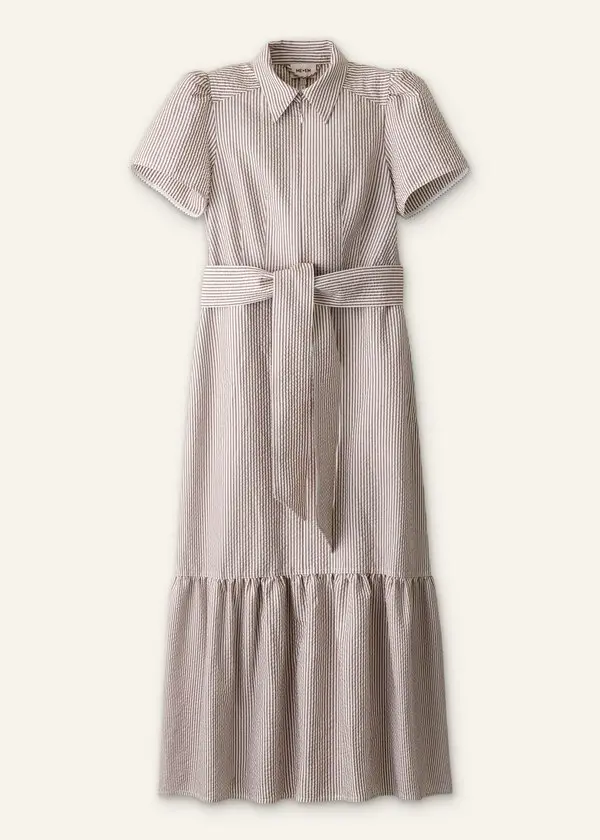 ME+EM Cotton Seersucker Stripe Fit And Flare Midi Dress - Soft White/brown