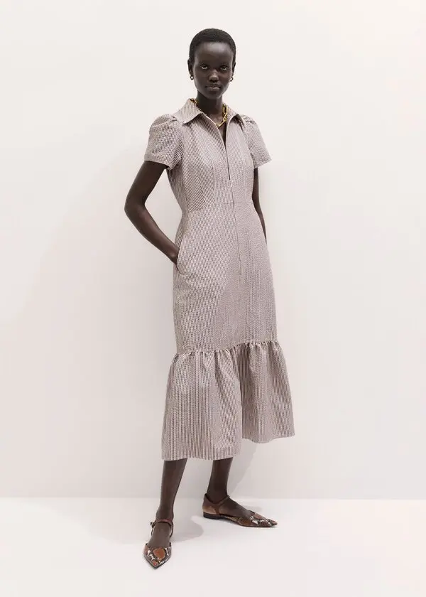 ME+EM Cotton Seersucker Stripe Fit And Flare Midi Dress - Soft White/brown
