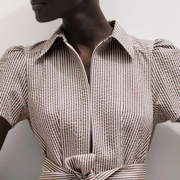 ME+EM Cotton Seersucker Stripe Fit And Flare Midi Dress - Soft White/brown