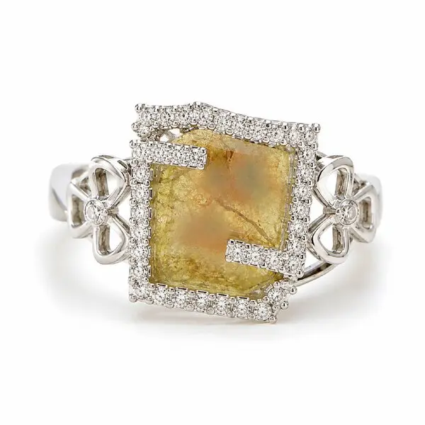 ARTISAN 14k White Gold Geometric Statement Ring With Yellow Slice Diamond And Diamonds - White/yellow