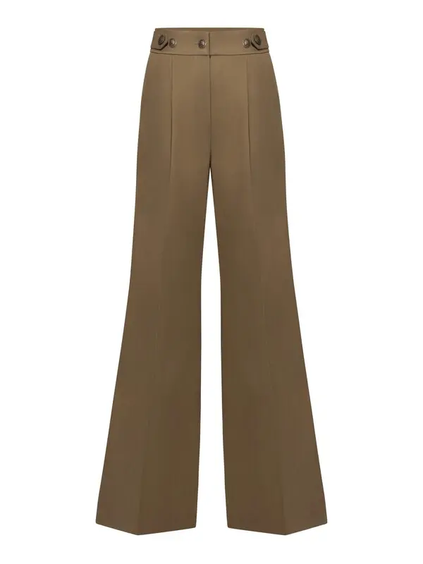 TIA DORRAINE Flared Trousers With Adjustable Waist In Linen Khaki - Green