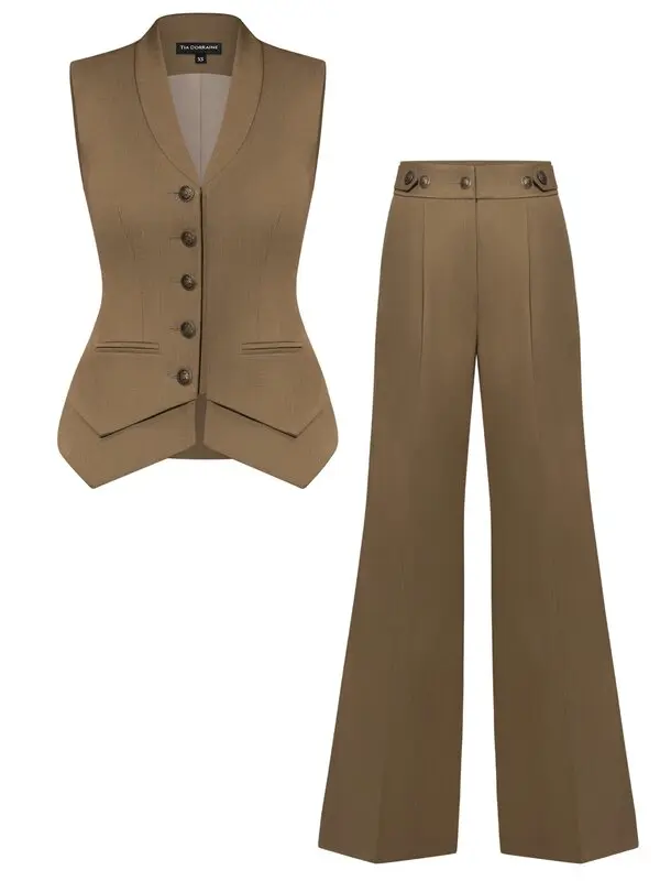 TIA DORRAINE Fitted Waistcoat And Flared Trousers Set In Luxurious Linen