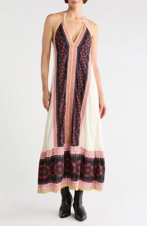 Free People Cubana Border Print Chiffon Halter Maxi Dress - Ivory Combo