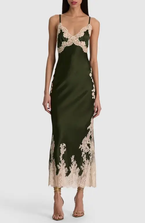 Alice + Olivia Julietta Lace Trim Slip Midi Dress - Dark Fern/biscotti