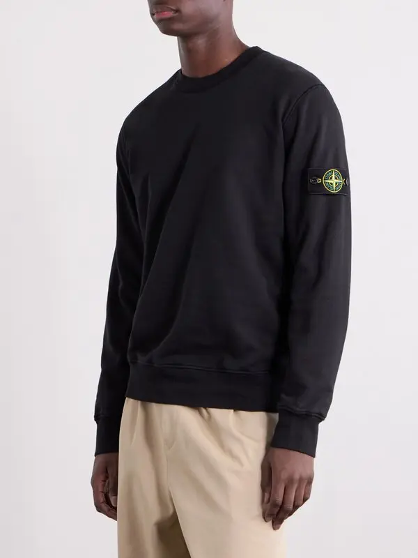 Stone Island Logo-appliquéd Garment-dyed Cotton Fleece Sweatshirt - Black