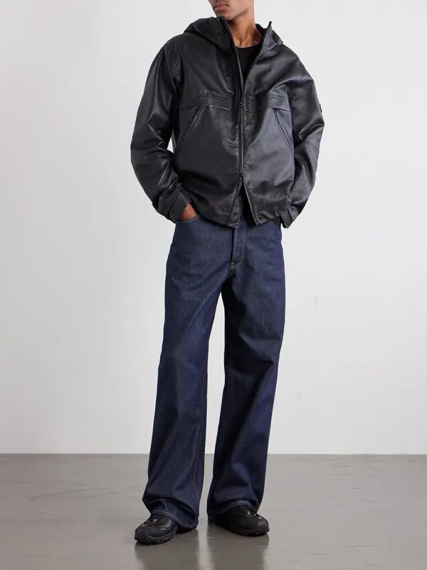 Stone Island Logo-appliquéd Leather Hooded Jacket
