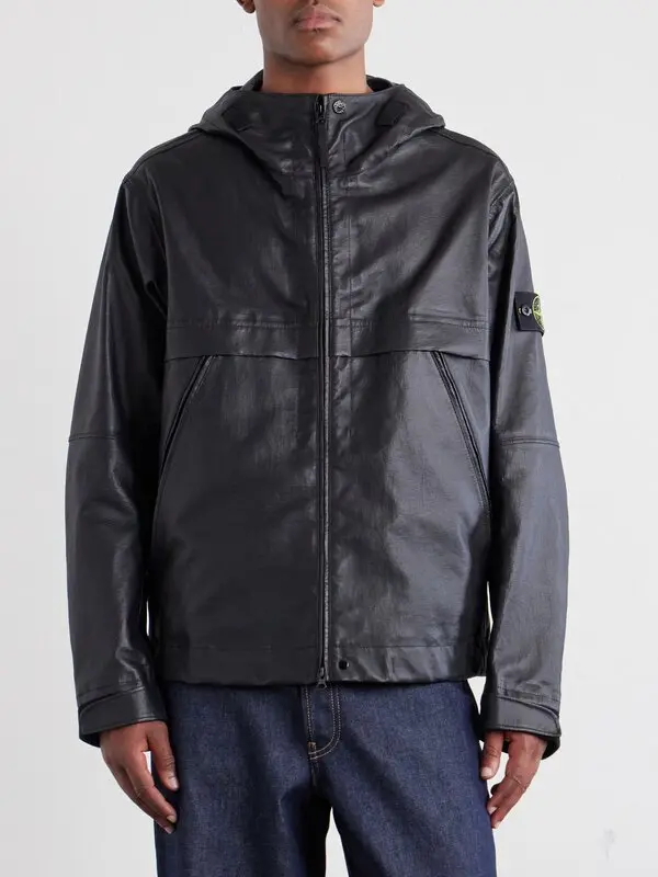 Stone Island Logo-appliquéd Leather Hooded Jacket