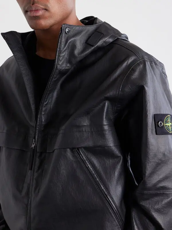 Stone Island Logo-appliquéd Leather Hooded Jacket