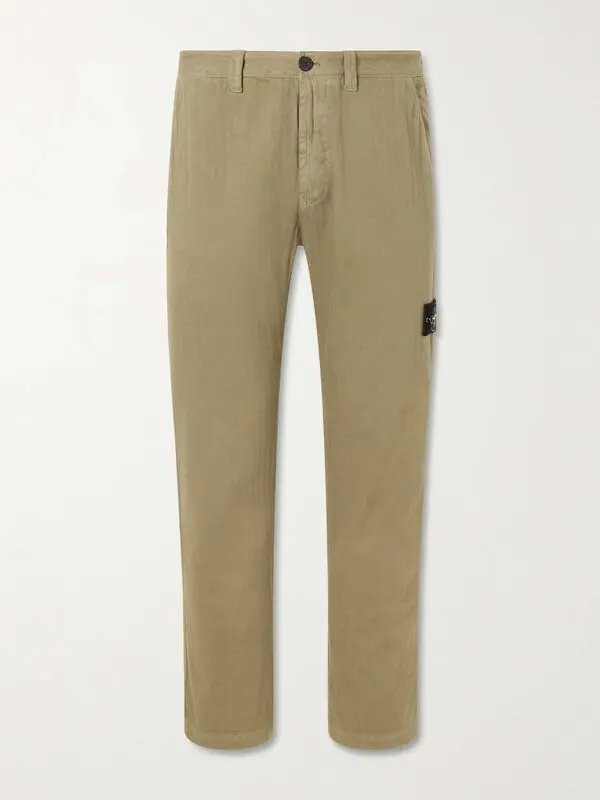 Stone Island Logo-appliquéd Straight-leg Herringbone Cotton Trousers - Green