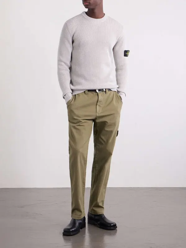 Stone Island Logo-appliquéd Straight-leg Herringbone Cotton Trousers