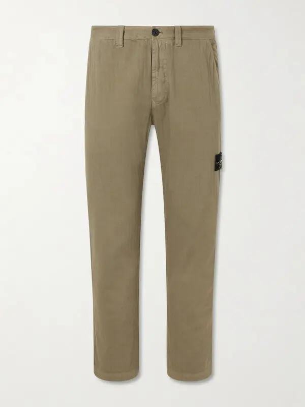 Stone Island Logo-appliqué Herringbone Cotton Trousers - Green