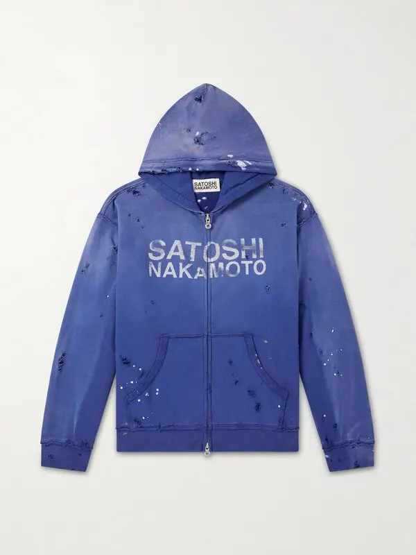 SATOSHI NAKAMOTO Luke Logo-printed Cotton-fleece Zip-up Hoodie - Blue