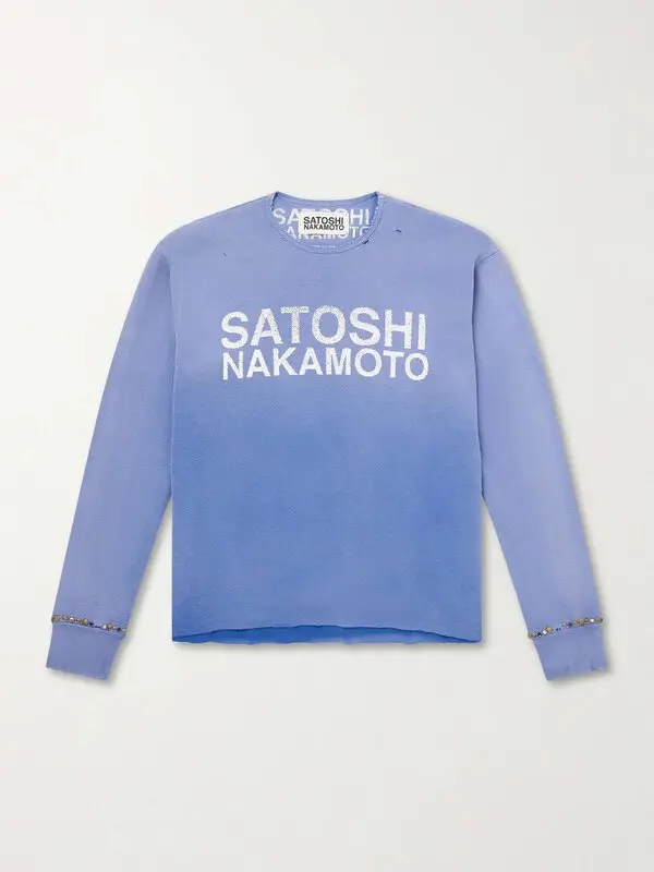 SATOSHI NAKAMOTO Logo-printed Studded Cotton-fleece T-shirt