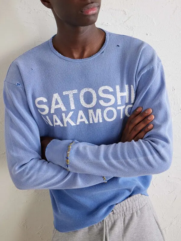 SATOSHI NAKAMOTO Logo-printed Studded Cotton-fleece T-shirt