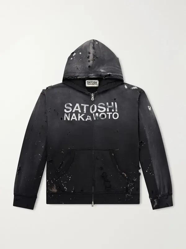 SATOSHI NAKAMOTO Luke Logo-printed Cotton-fleece Zip-up Hoodie - Black