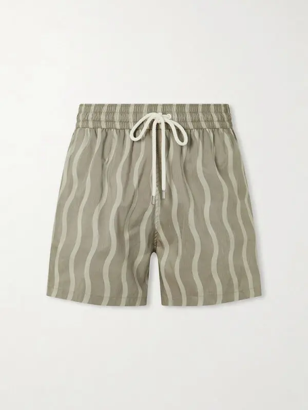 Frescobol Carioca Rio Linen Blend Wave-print Swim Shorts - Green