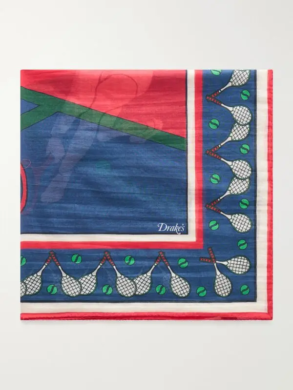 DRAKE'S Printed Cotton And Silk-blend Scarf - Blue
