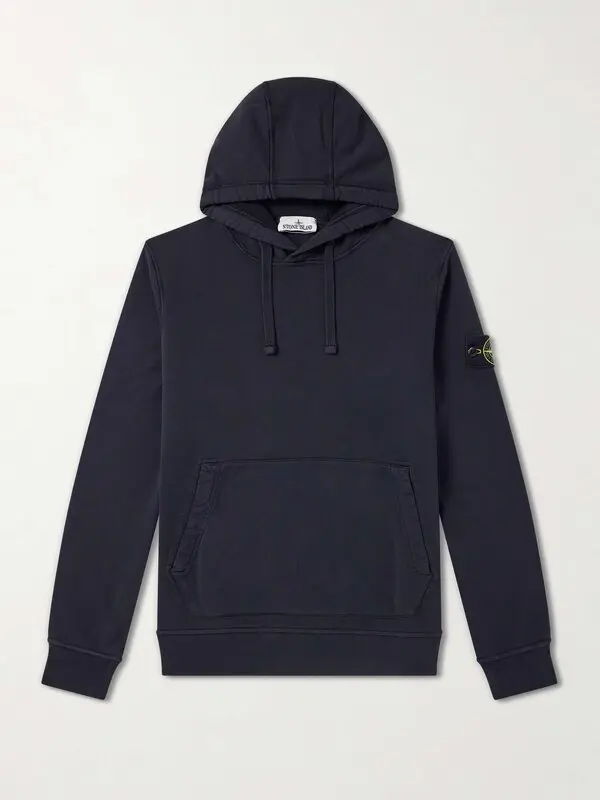 Stone Island Logo-appliquéd Garment-dyed Cotton-fleece Hoodie - Blue