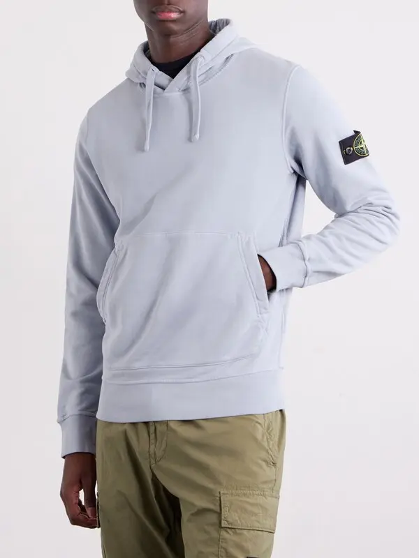 Stone Island Logo-appliquéd Garment-dyed Cotton-fleece Hoodie - Gray