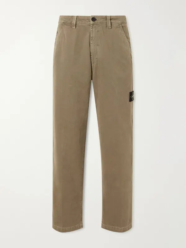 Stone Island Logo-appliquéd Garment-dyed Cotton Trousers - Green