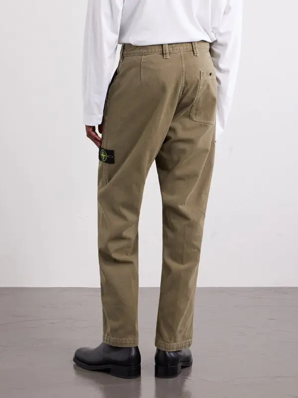 Stone Island Logo-appliquéd Garment-dyed Cotton Trousers - Green