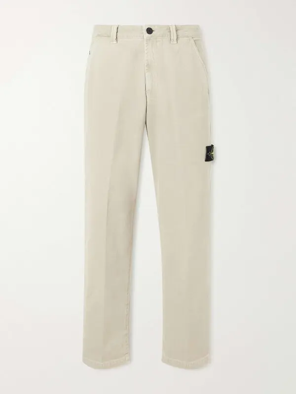 Stone Island Logo-appliquéd Straight-leg Garment-dyed Cotton Trousers - Beige