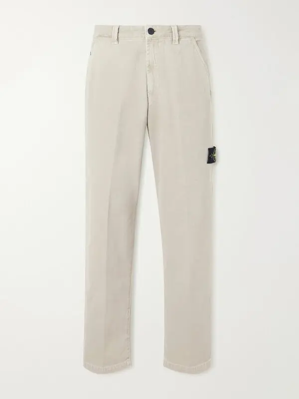 Stone Island Logo-appliquéd Straight-leg Cotton Trousers - Neutrals