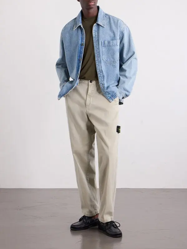Stone Island Logo-appliquéd Straight-leg Cotton Trousers - Neutrals