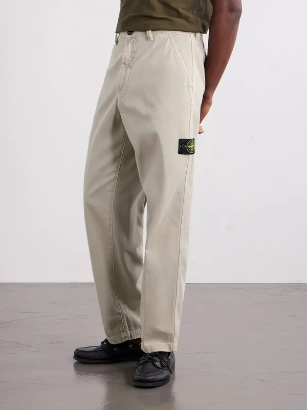 Stone Island Logo-appliquéd Straight-leg Cotton Trousers - Neutrals