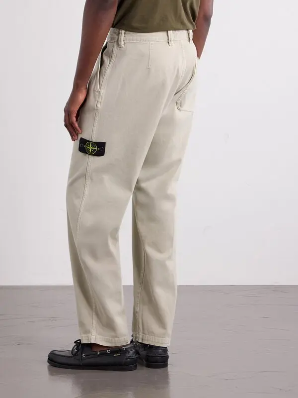 Stone Island Logo-appliquéd Straight-leg Cotton Trousers - Neutrals