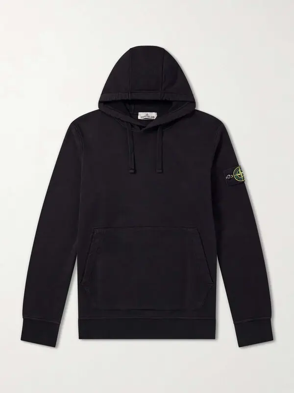 Stone Island Logo-appliquéd Garment-dyed Cotton-fleece Hoodie - Black