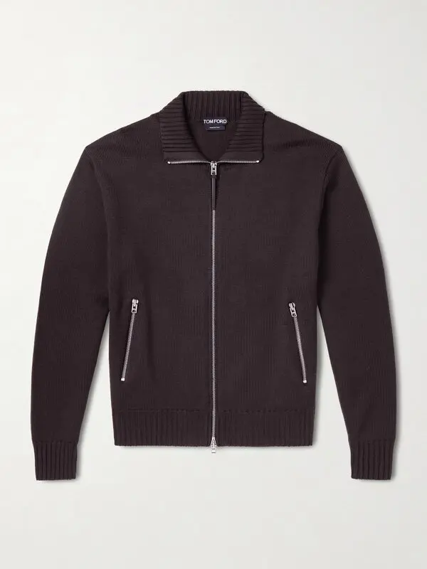 TOM FORD Leather-trimmed Merino Wool Zip-up Cardigan - Brown