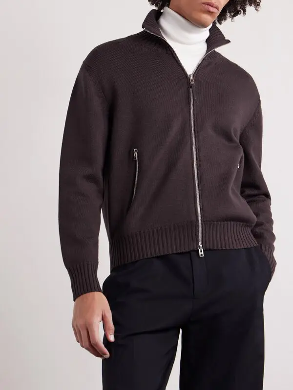TOM FORD Leather-trimmed Merino Wool Zip-up Cardigan