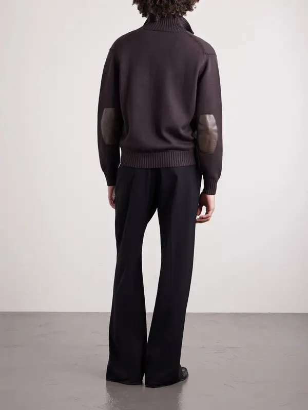 TOM FORD Leather-trimmed Merino Wool Zip-up Cardigan