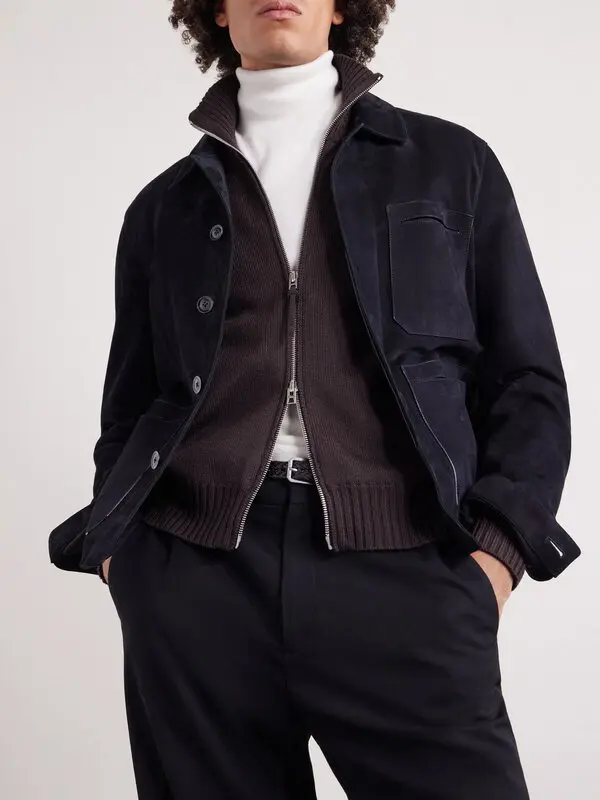 TOM FORD Leather-trimmed Merino Wool Zip-up Cardigan