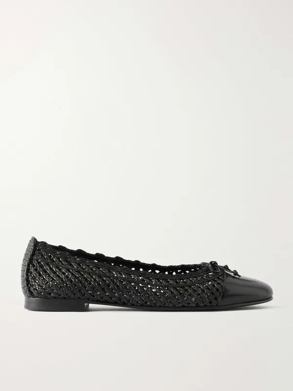 Tory Burch Bow-detail Leather-trimmed Raffia Ballet Flats - Natural