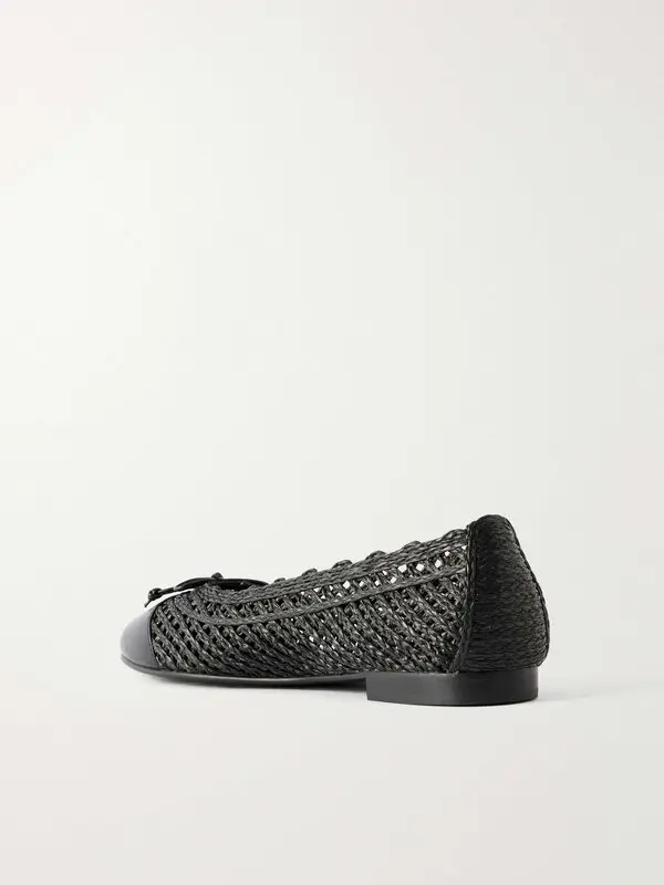 Tory Burch Bow-detail Leather-trimmed Raffia Ballet Flats