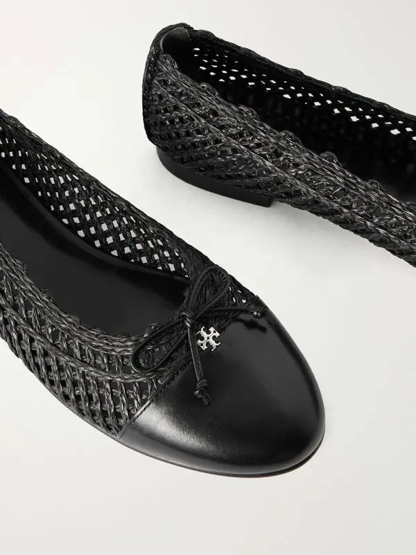 Tory Burch Bow-detail Leather-trimmed Raffia Ballet Flats
