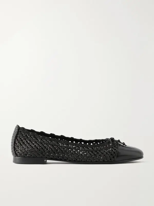 Tory Burch Bow-detail Leather-trimmed Raffia Ballet Flats - Natural
