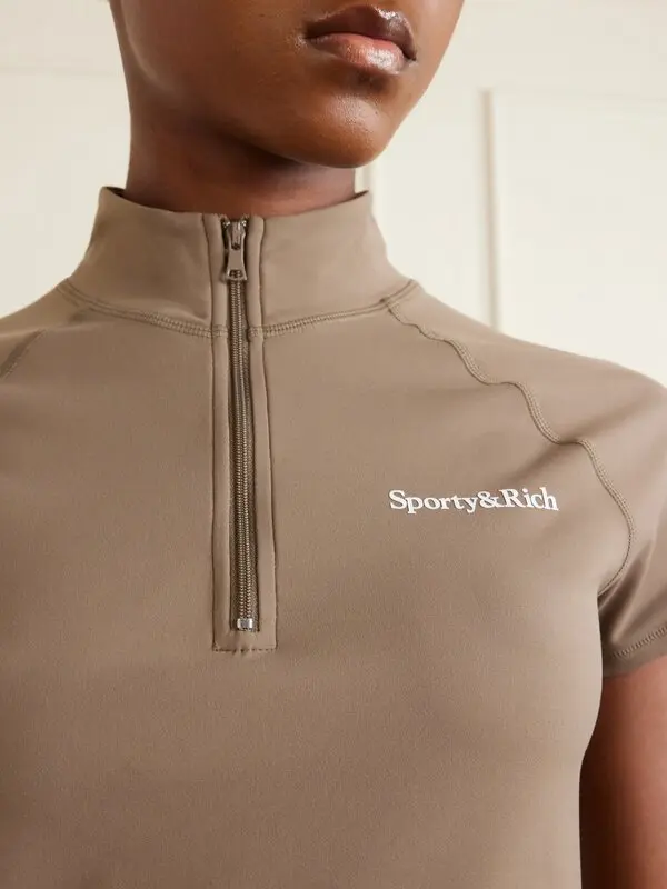 Sporty & Rich Logo-print Stretch-jersey Half-zip T-shirt - Neutrals