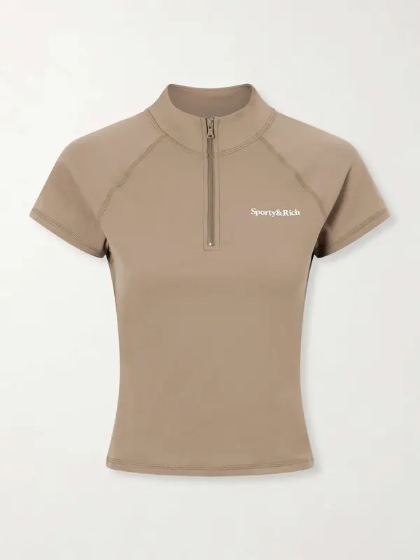 SPORTY & RICH Logo-print Stretch-jersey Half-zip T-shirt - Sand