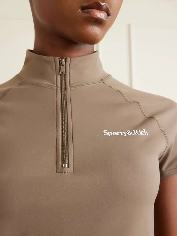 SPORTY & RICH Logo-print Stretch-jersey Half-zip T-shirt