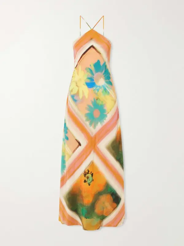 Staud Cubism Striped Floral-print Satin Maxi Dress