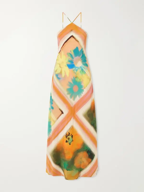 Staud Cubism Striped Floral-print Satin Maxi Dress - Multi