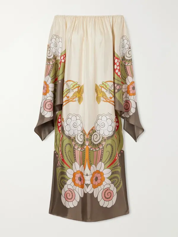 La DoubleJ Goddess Printed Off-the-shoulder Silk-twill Midi Dress - Neutrals