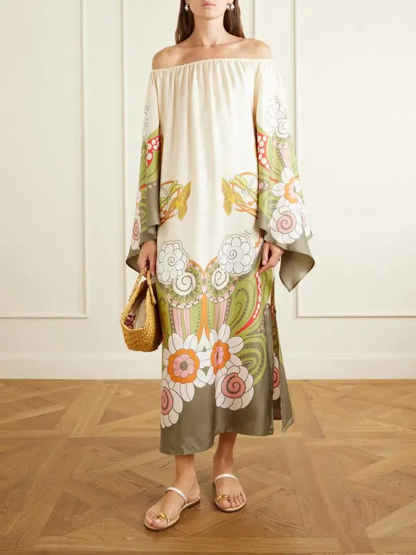 La DoubleJ Goddess Printed Off-the-shoulder Silk-twill Midi Dress - Neutrals